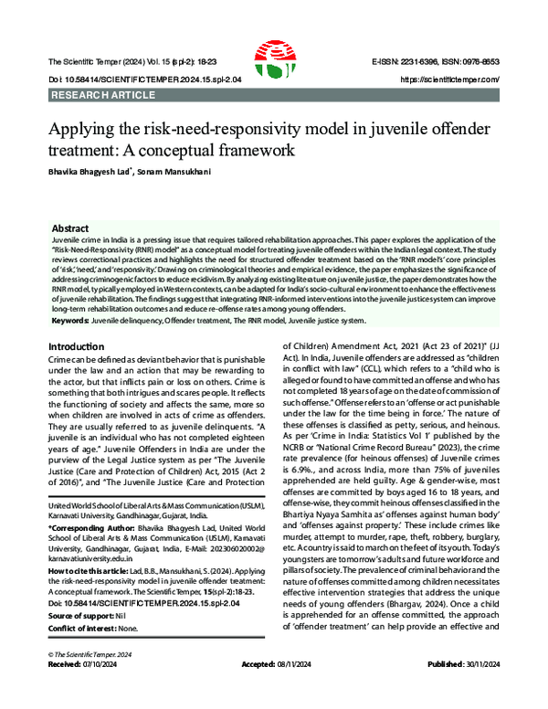 (PDF) Applying the risk-need-responsivity model in juvenile offender ...