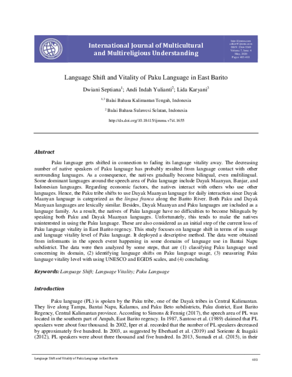 (PDF) Language Shift and Vitality of Paku Language in East Barito
