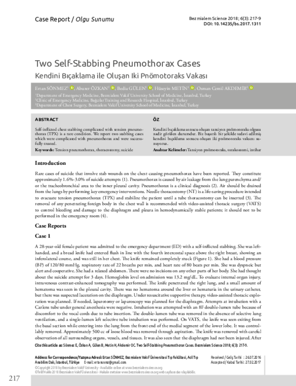 (PDF) Two Self-Stabbing Pneumothorax Cases