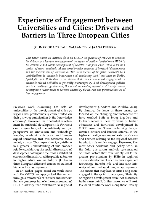 (PDF) Experience of Engagement between Universities and Cities: Drivers ...