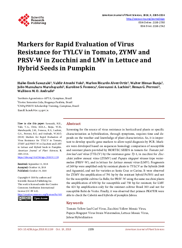 (PDF) Markers for Rapid Evaluation of Virus Resistance for TYLCV in ...