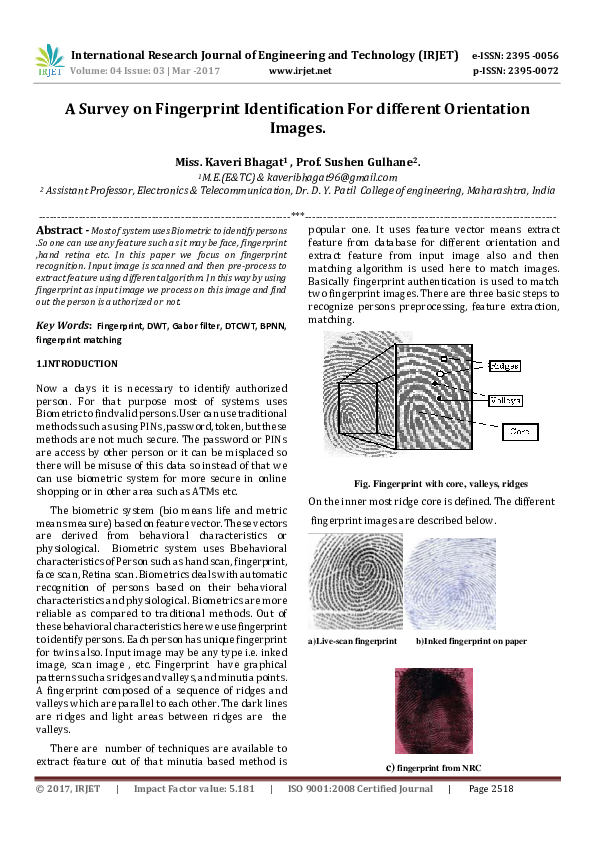 (PDF) A Survey on Fingerprint Identification For different Orientation Images
