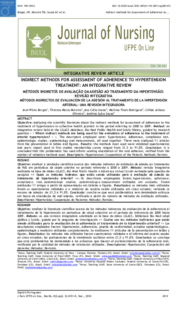 (PDF) Indirect methods for assessment of adherence to hypertension treatment: an integrative review