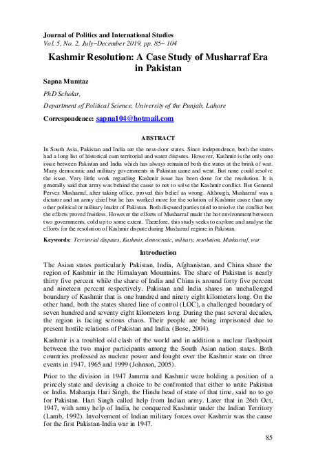(PDF) Kashmir Resolution: A Case Study of Musharraf Era in Pakistan