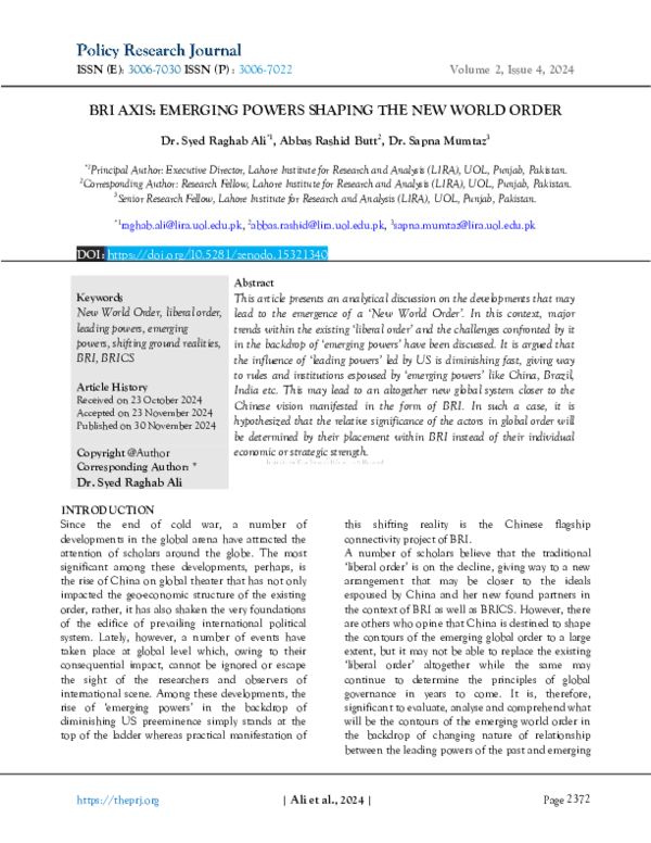 (PDF) BRI AXIS: EMERGING POWERS SHAPING THE NEW WORLD ORDER