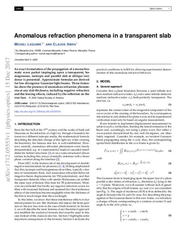 (PDF) Anomalous refraction phenomena in a transparent slab