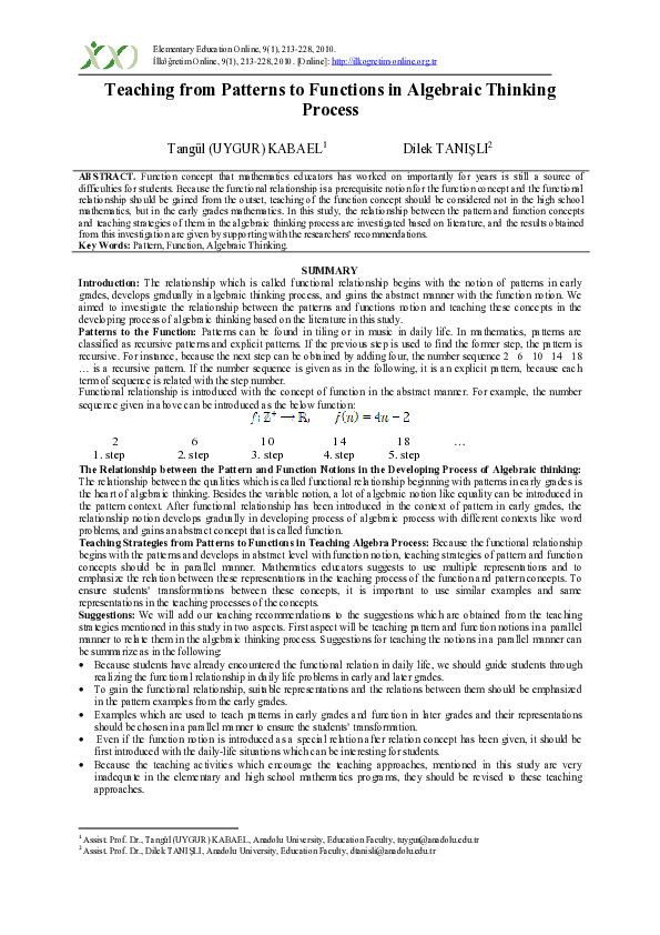 (PDF) Teaching from Patterns to Functions in Algebraic Thinking Process