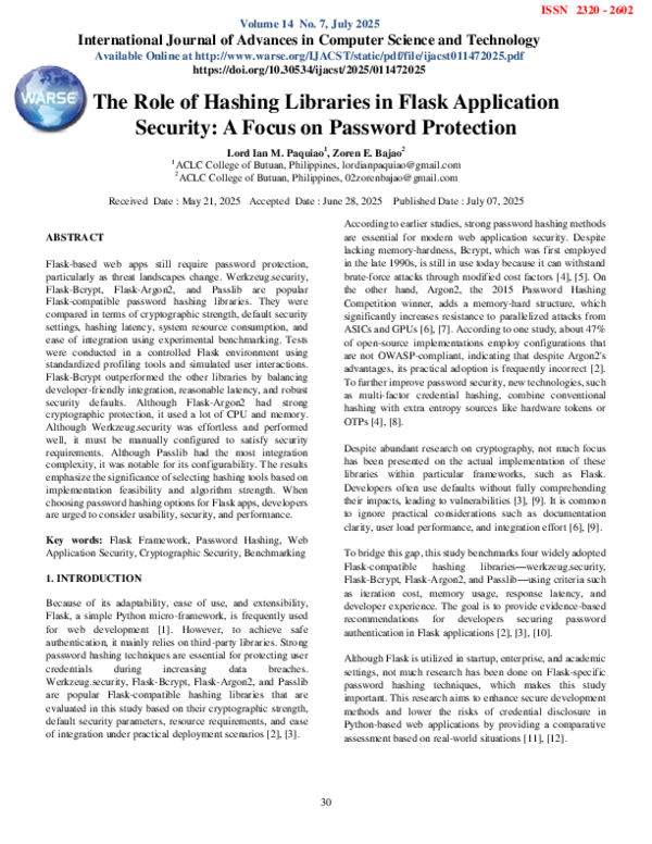 (PDF) The Role of Hashing Libraries in Flask Application Security: A Focus on Password Protection