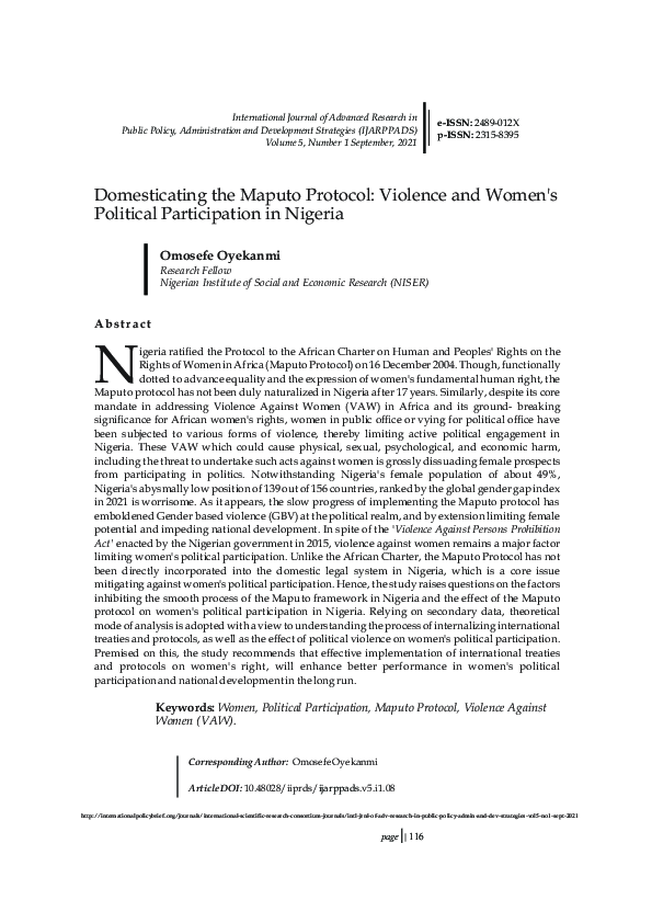 (PDF) Domesticating the Maputo Protocol: Violence and Women's Political ...
