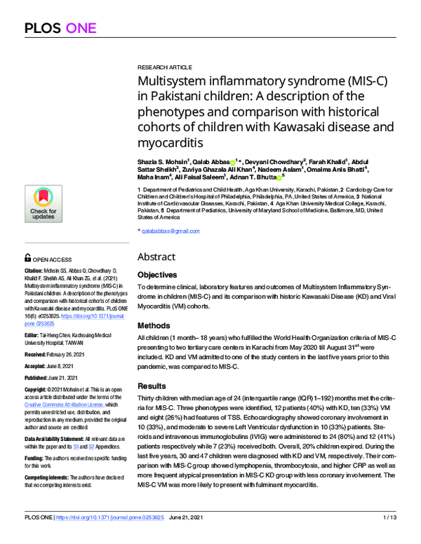 (PDF) Multisystem inflammatory syndrome (MIS-C) in Pakistani children ...