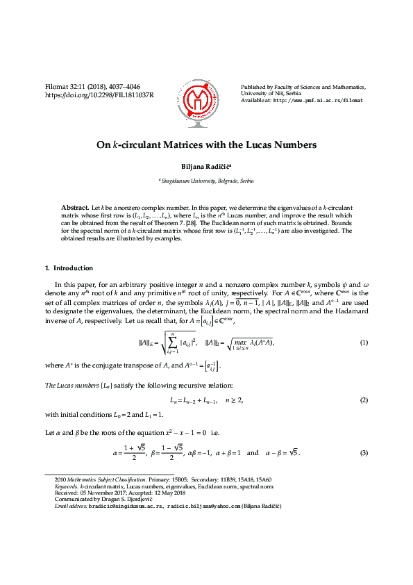 (PDF) On k-circulant matrices with the Lucas numbers
