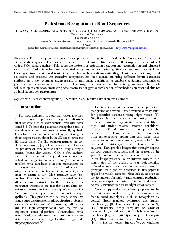 (PDF) Pedestrian recognition in road sequences