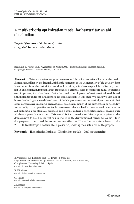 (PDF) A multi-criteria optimization model for humanitarian aid distribution
