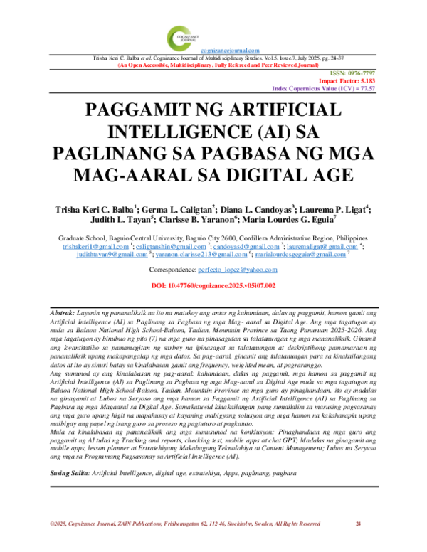 (PDF) PAGGAMIT NG ARTIFICIAL INTELLIGENCE (AI) SA PAGLINANG SA PAGBASA ...
