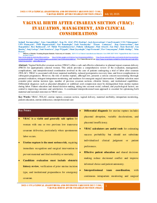 (PDF) Vaginal Birth After Cesarean Section (VBAC) Evaluation, Management, and Clinical ...