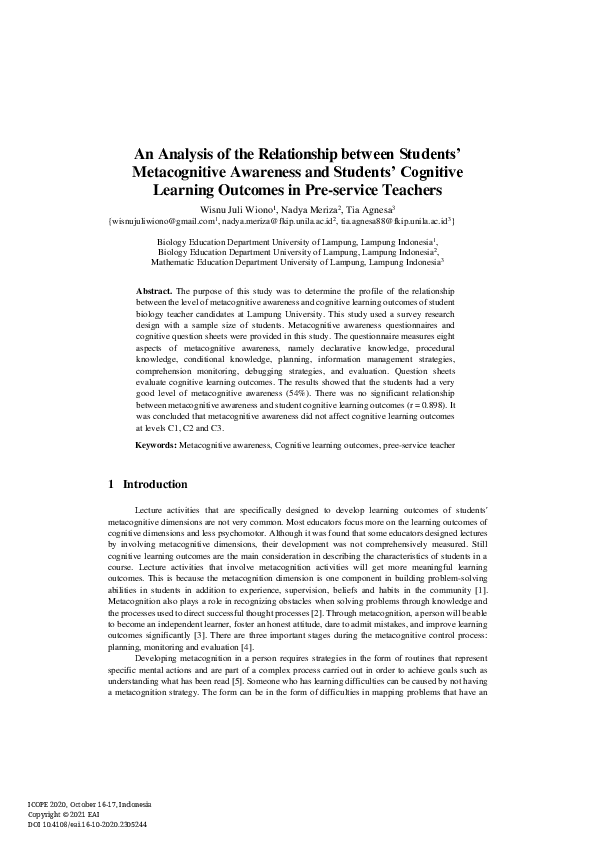 (PDF) An Analysis of the Relationship between Students’ Metacognitive Awareness and Students ...