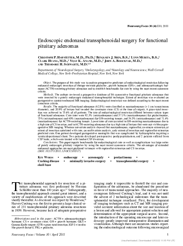 (PDF) Endoscopic endonasal transsphenoidal surgery for functional ...