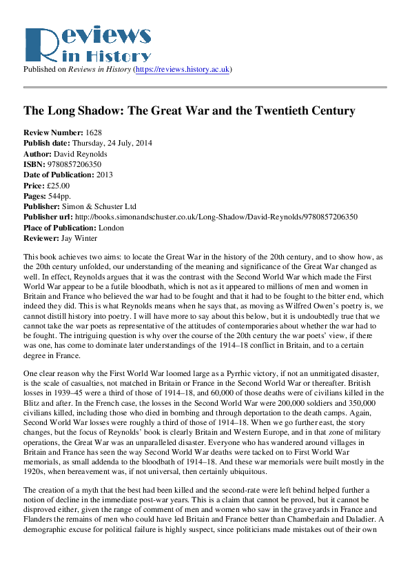 (PDF) The Long Shadow: The Great War and the Twentieth Century