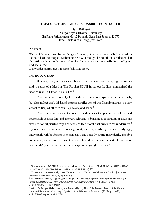 (PDF) HONESTY, TRUST, AND RESPONSIBILITY IN HADITH