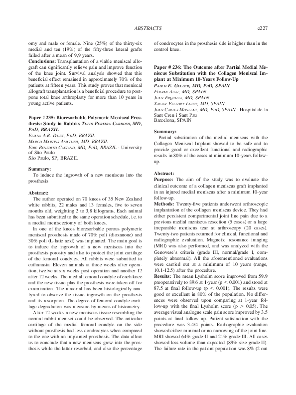 (PDF) Paper # 236: The Outcome after Partial Medial Meniscus Substitution with the Collagen ...