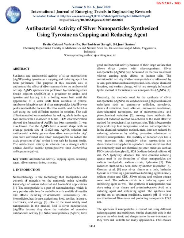 (PDF) Antibacterial Activity of Silver Nanoparticles Synthesized Using Tyrosine as Capping and ...