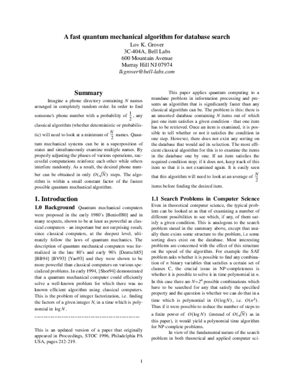 (PDF) A fast quantum mechanical algorithm for database search