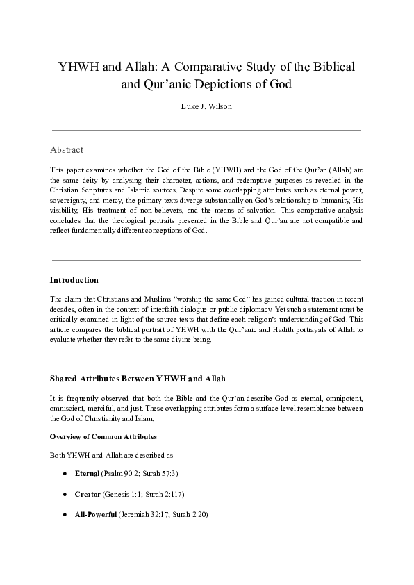 (PDF) YHWH and Allah: A Comparative Study of the Biblical and Qur'anic ...
