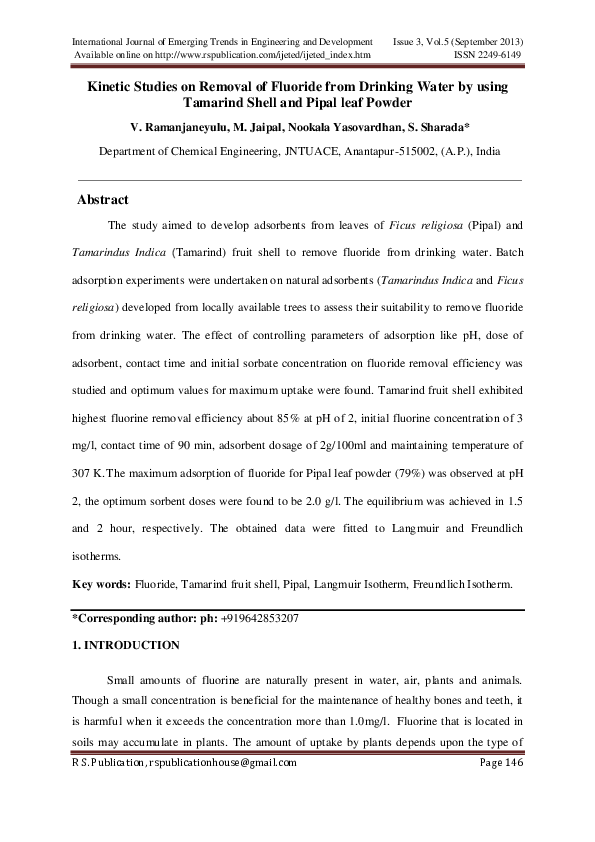 (PDF) Kinetic Studies on Removal of Fluoride from Drinking Water by ...