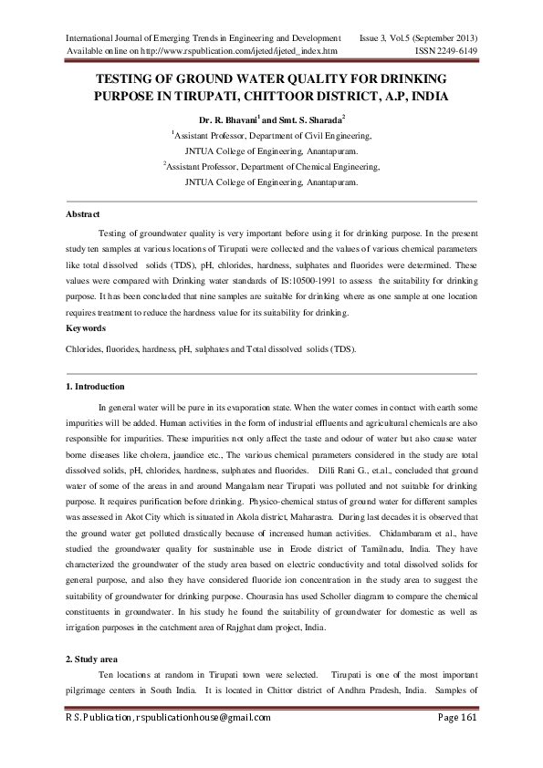 (PDF) TESTING OF GROUND WATER QUALITY FOR DRINKING PURPOSE IN TIRUPATI ...