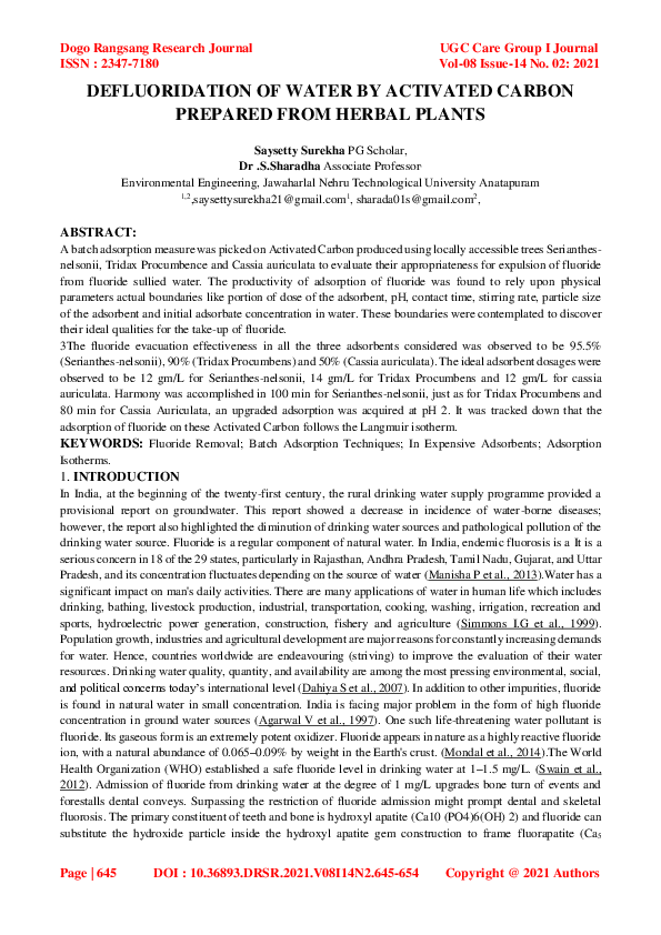 (PDF) DEFLUORIDATION OF WATER BY ACTIVATED CARBON PREPARED FROM HERBAL ...