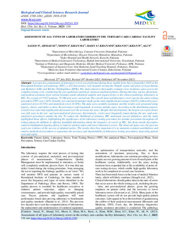 (PDF) ASSESSMENT OF ALL TYPES OF LABORATORY ERRORS IN THE TERTIARY CARE ...