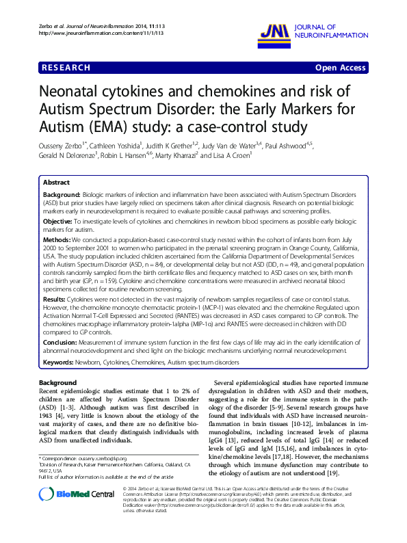 (PDF) Neonatal cytokines and chemokines and risk of Autism Spectrum ...