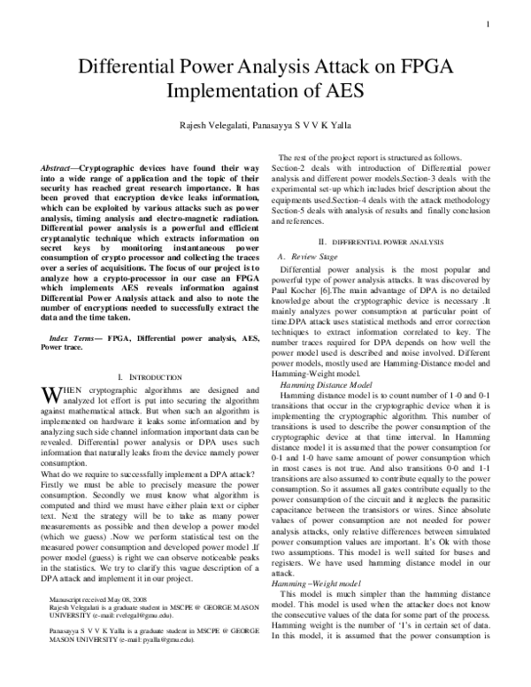 (PDF) Differential power analysis attack on FPGA implementation of AES
