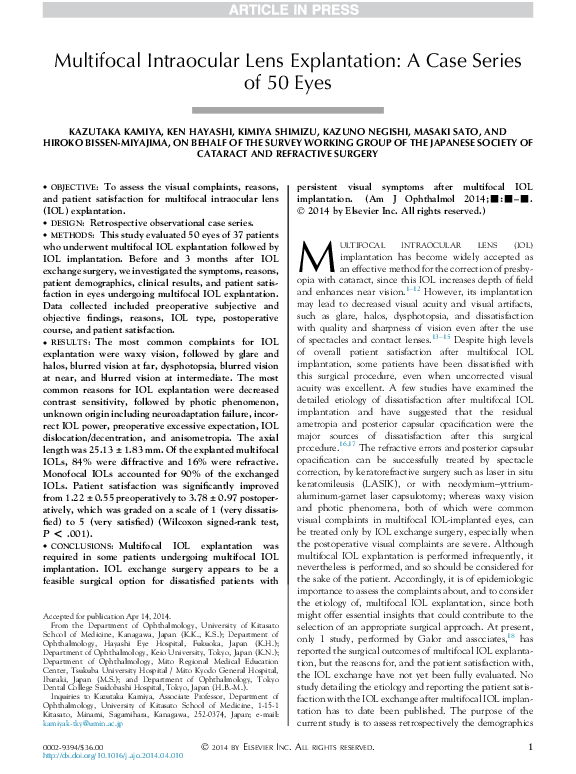 (PDF) Multifocal Intraocular Lens Explantation: A Case Series of 50 Eyes