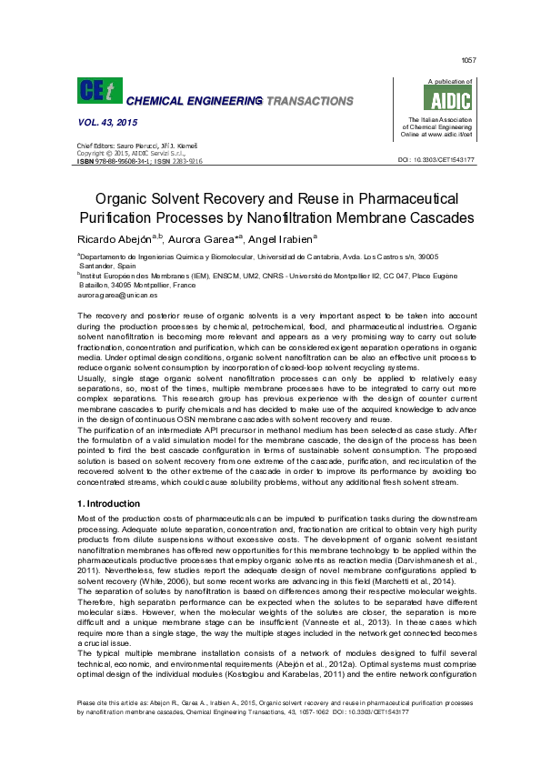 (PDF) Organic Solvent Recovery and Reuse in Pharmaceutical Purification ...