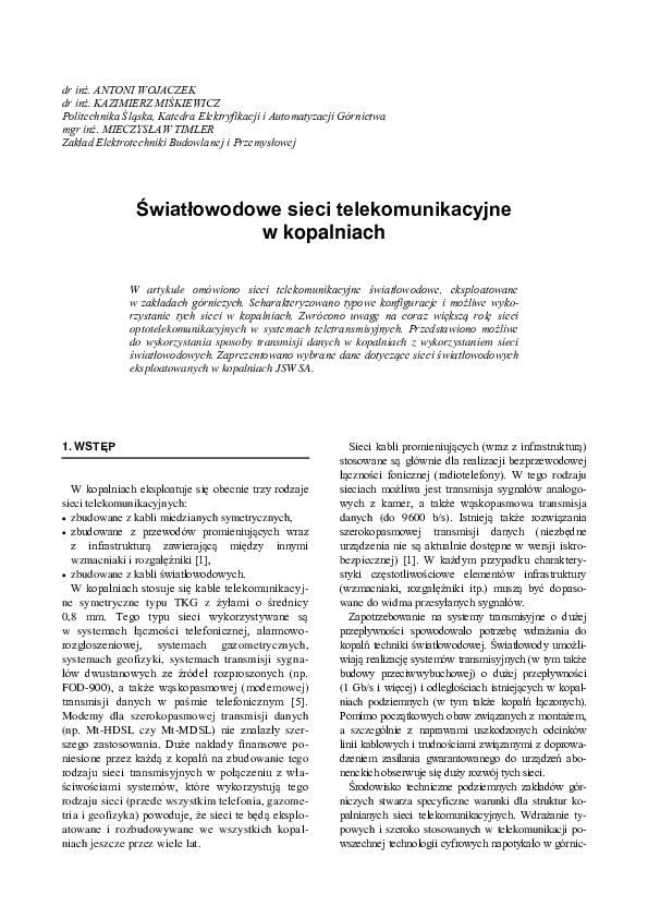 (PDF) Światłowodowe Sieci Telekomunikacyjne W Kopalniach