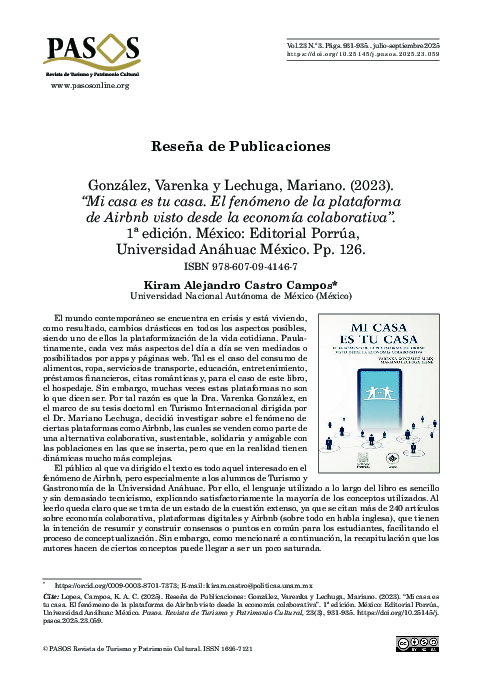 (PDF) Reseña - Mi casas es tu casa. El fenómeno de la plataforma Airbnb