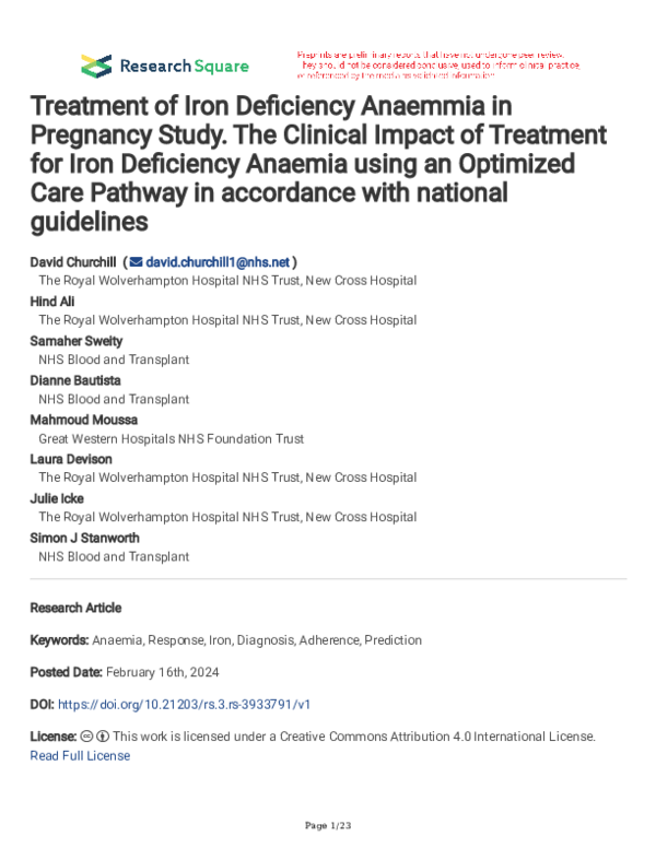 (PDF) Treatment of Iron Deficiency Anaemmia in Pregnancy Study. The ...
