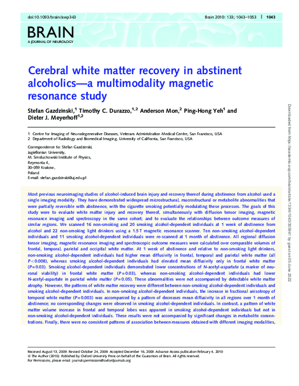 (PDF) Cerebral white matter recovery in abstinent alcoholics—a ...