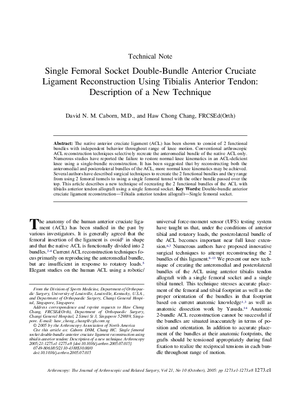 (PDF) Single Femoral Socket Double-Bundle Anterior Cruciate Ligament ...