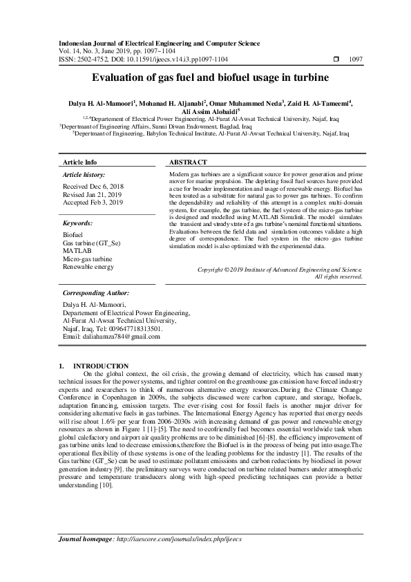 (PDF) Evaluation of gas fuel and biofuel usage in turbine