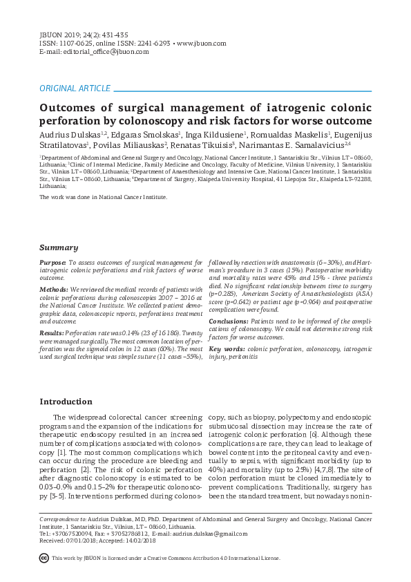 (PDF) Outcomes of surgical management of iatrogenic colonic perforation ...