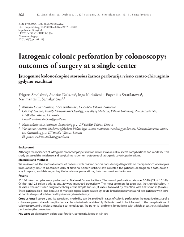 (PDF) Iatrogenic colonic perforation by colonoscopy: outcomes of ...