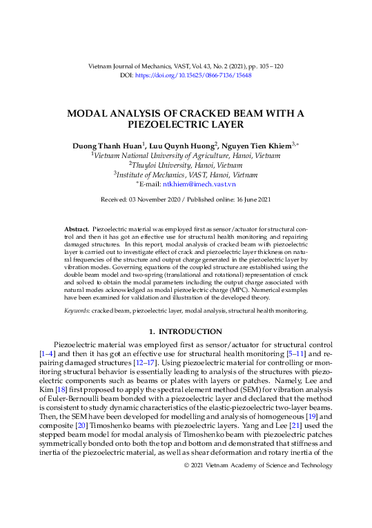 (PDF) Modal analysis of cracked beam with a piezoelectric layer
