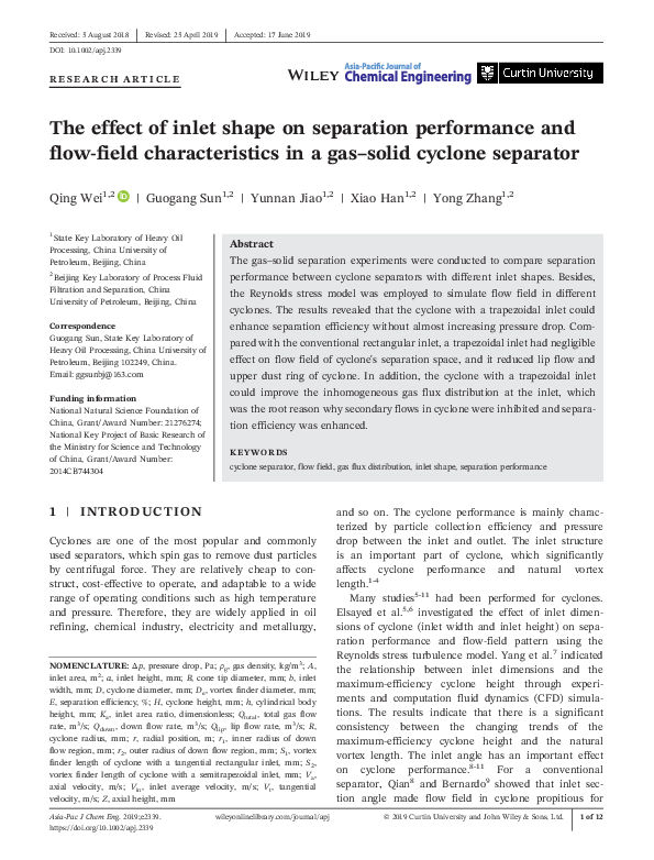 (PDF) The effect of inlet shape on separation performance and flow‐field characteristics in a ...