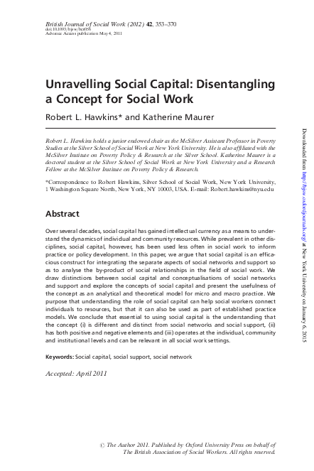(PDF) Unravelling Social Capital: Disentangling a Concept for Social Work