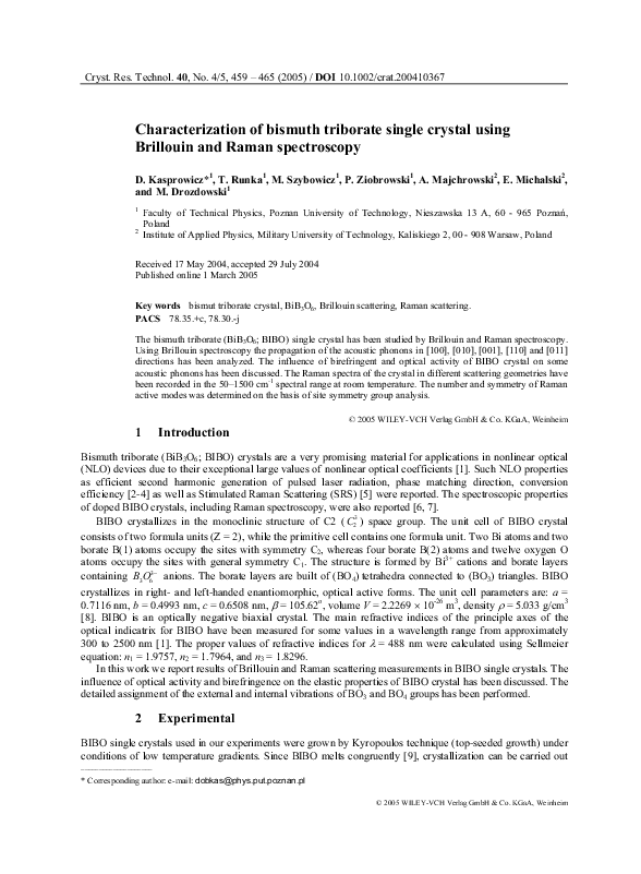 (PDF) Characterization of bismuth triborate single crystal using ...