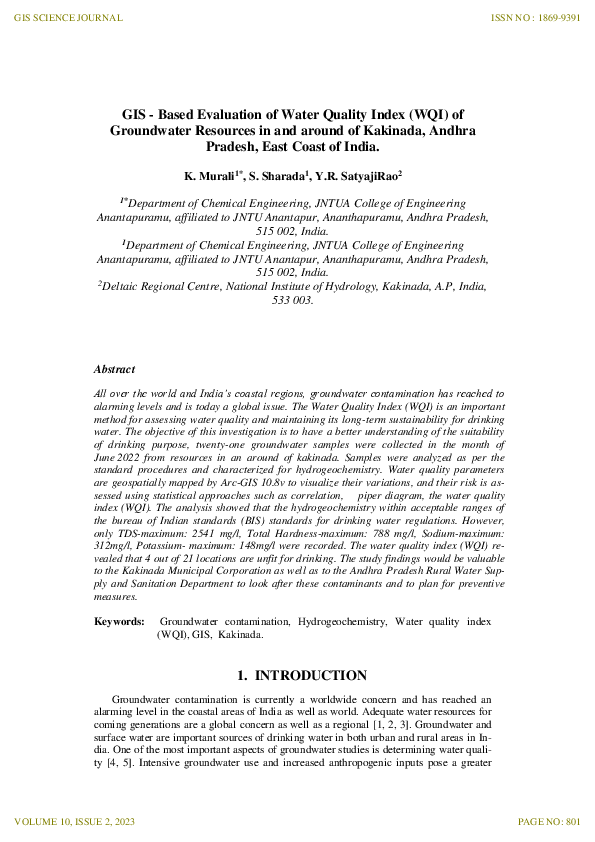 (PDF) GIS -Based Evaluation of Water Quality Index (WQI) of Groundwater Resources in and around ...