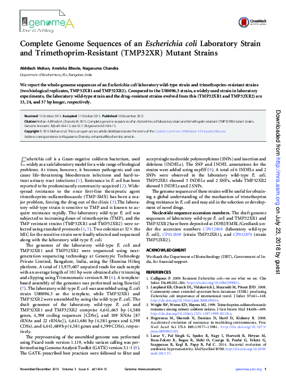 (PDF) Complete Genome Sequences of an Escherichia coli Laboratory ...