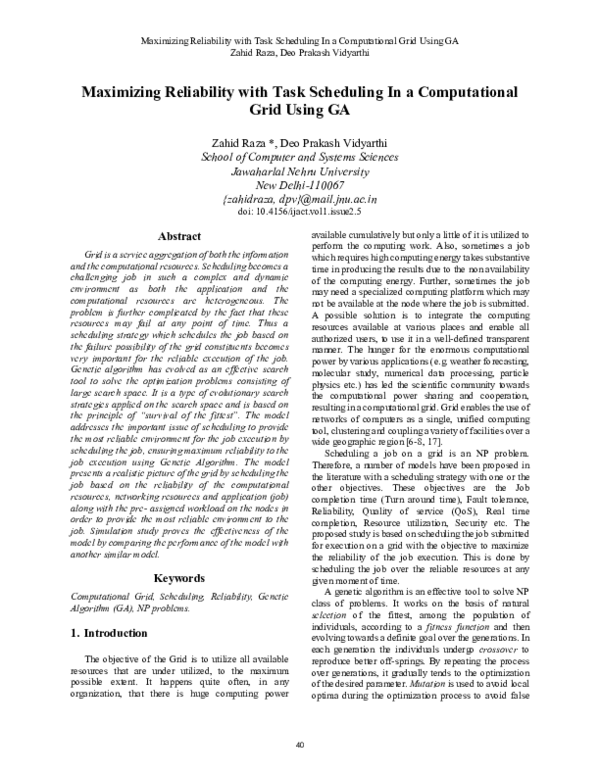(PDF) Maximizing Reliability with Task Scheduling In a Computational Grid Using GA